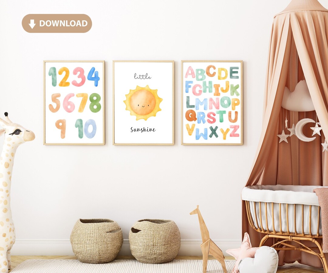 ABC Learning Poster Set of 3 PDF Children's Room to Print Watercolor ...