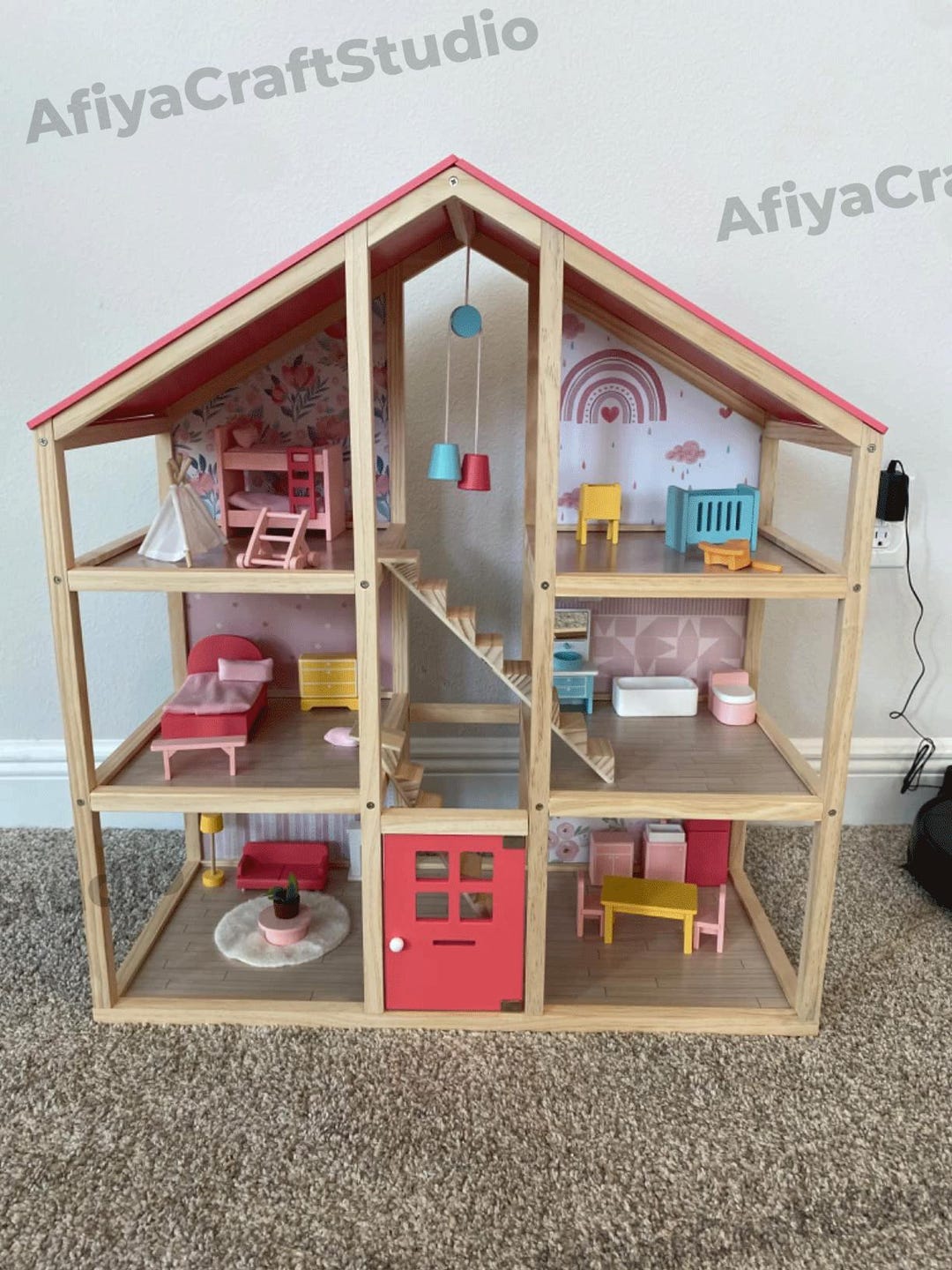 6 Rooms Wooden Doll House With 30pcs Furniture Accessories | Large ...