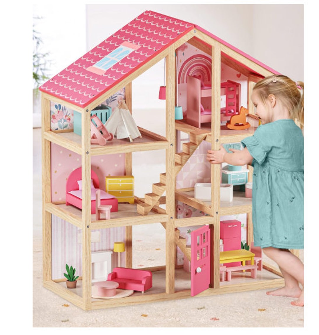 6 Rooms Wooden Doll House With 30pcs Furniture Accessories Large ...