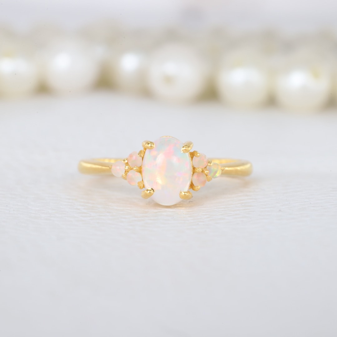 Oval Shape White Opal Ring 10K Solid Gold Engagement Ring Opal Cluster ...