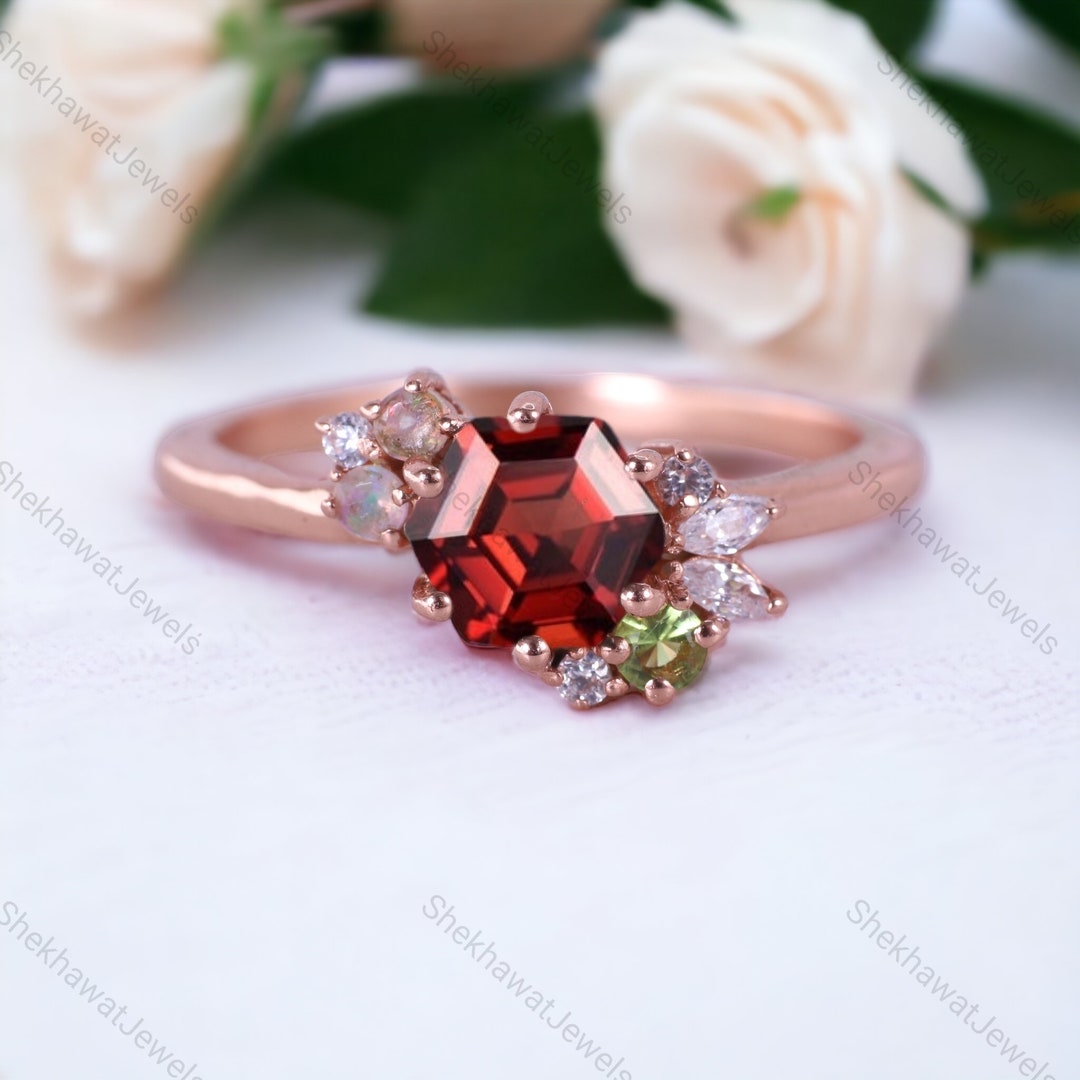 Antique Hexagon Rose Garnet Engagement Ring 18K Rose Gold Cluster ...