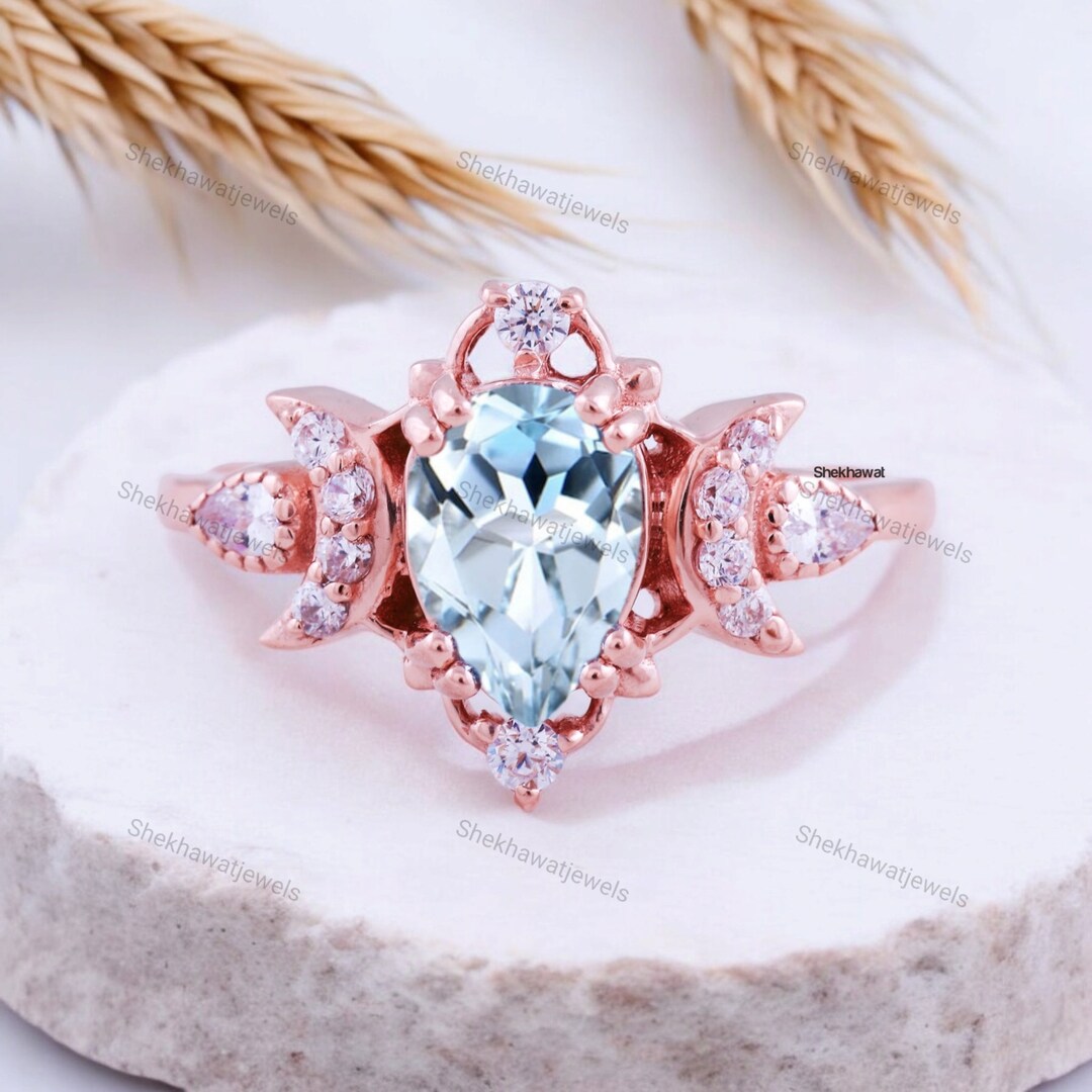 Aquamarine Diamond Moon Cresent Ring for Women 14K Rose Gold Engagement Ring March Birthstone ...
