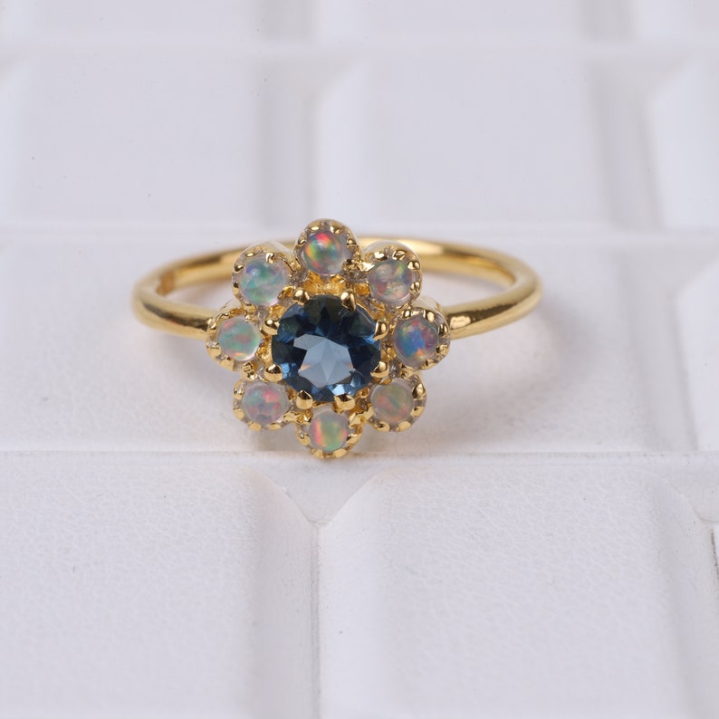 Blue Topaz Fire Opal Flower Ring 18K Yellow Gold Engagement - Etsy