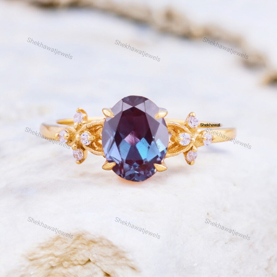 Oval Alexandrite Ring - Color Changing Gemstone - Delicate Gold Bridal ...