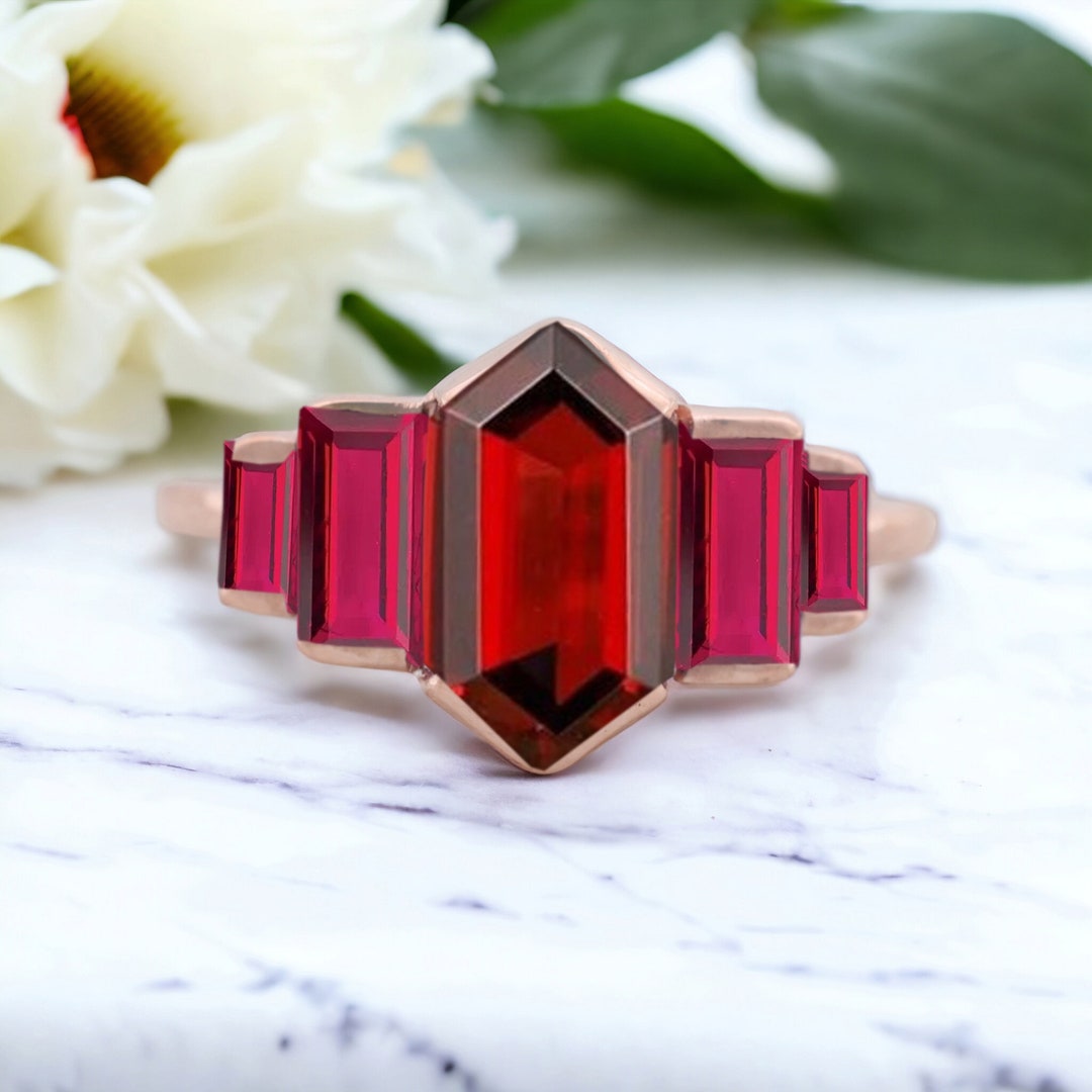 Art Deco Long Hexagon Garnet Ring Baguette Cut Ruby Engagement Ring ...