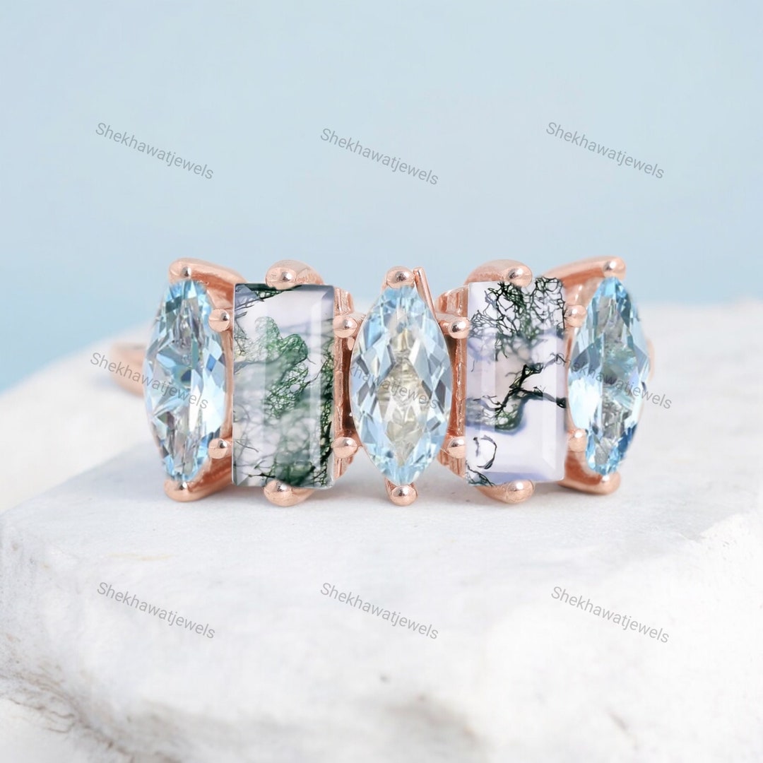 Vintage Aquamarine Moss Agate Ring Crystal Healing Gemstone 925 ...
