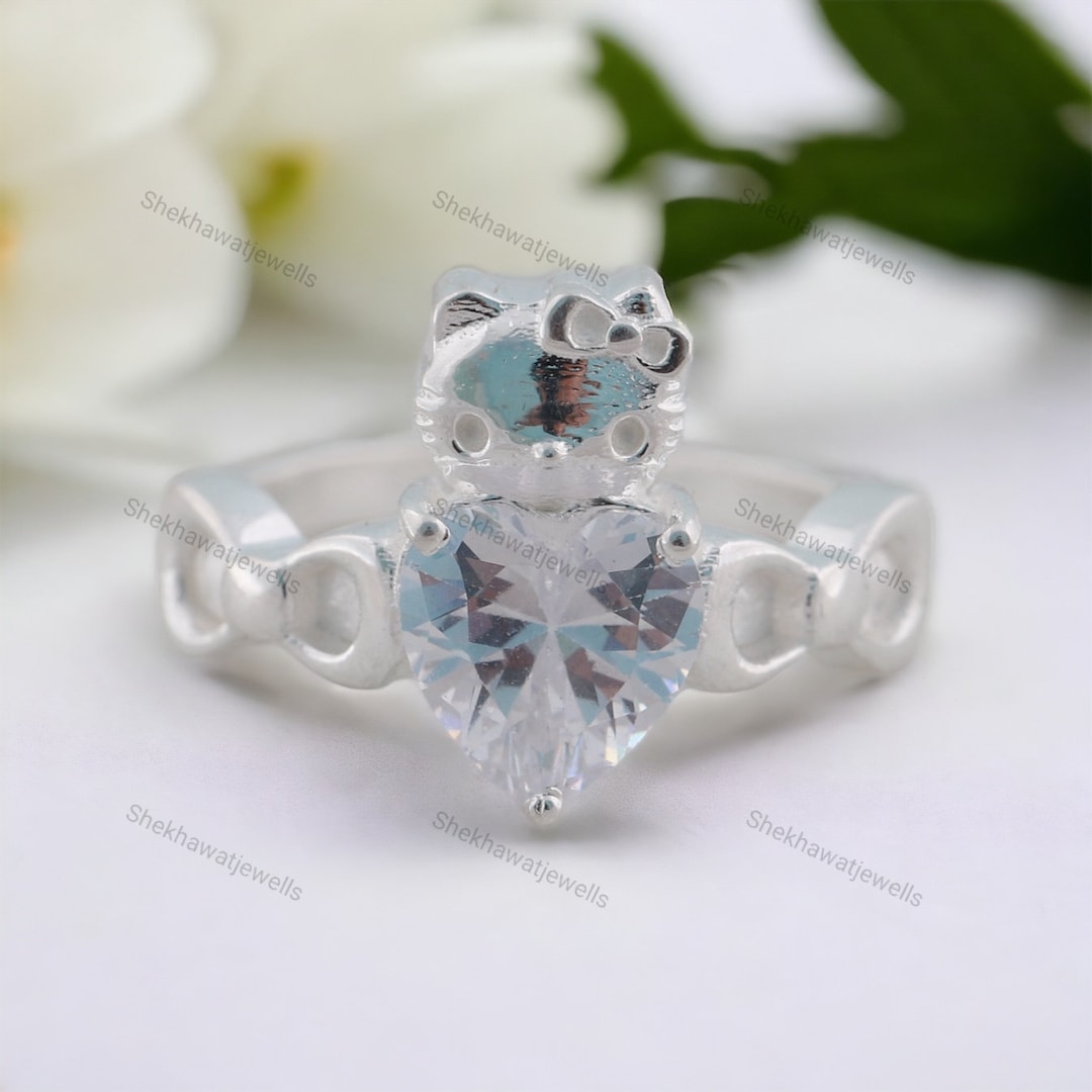 Cute Hello Kitty Ring Kitty Cate Face Diamond Ring 925 Sterling Silver Ring Kid's Girls Wear ...