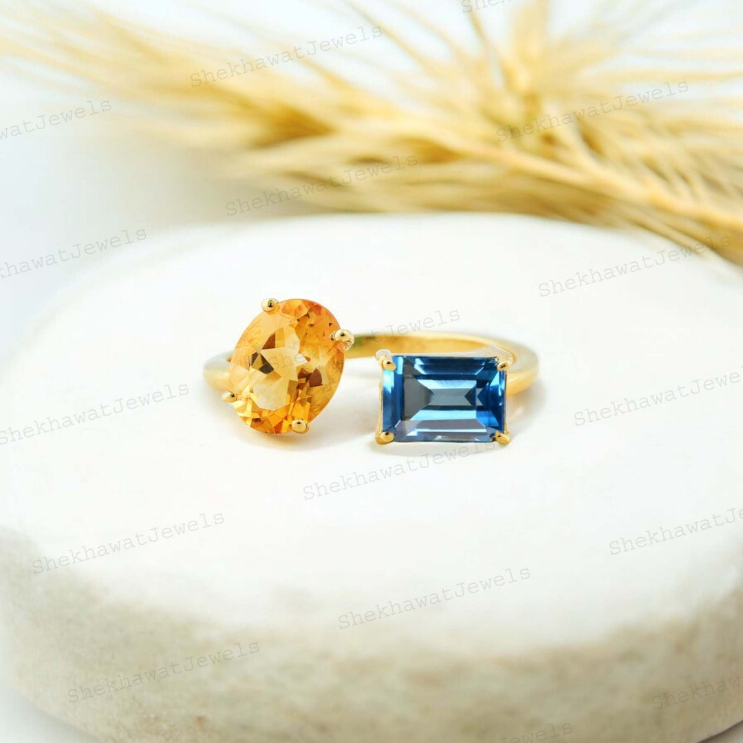 Elegant Blue Topaz Citrine Ring Delicate Art Deco Adjustable Band Toi Et Moi Gemstone Open Gap ...