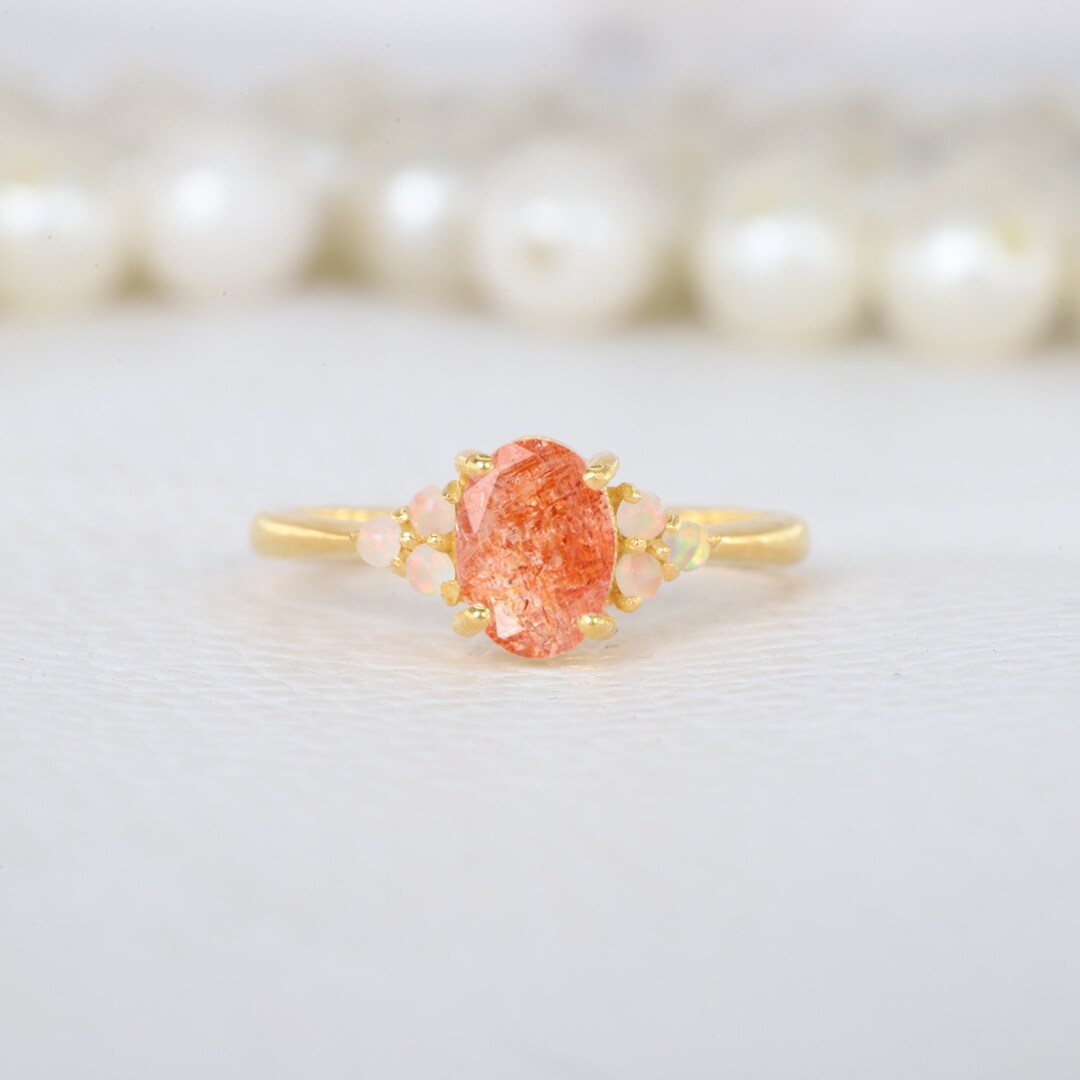 Oval Shaped Natural Orange Sunstone Ring Yellow Goldplated Statement ...