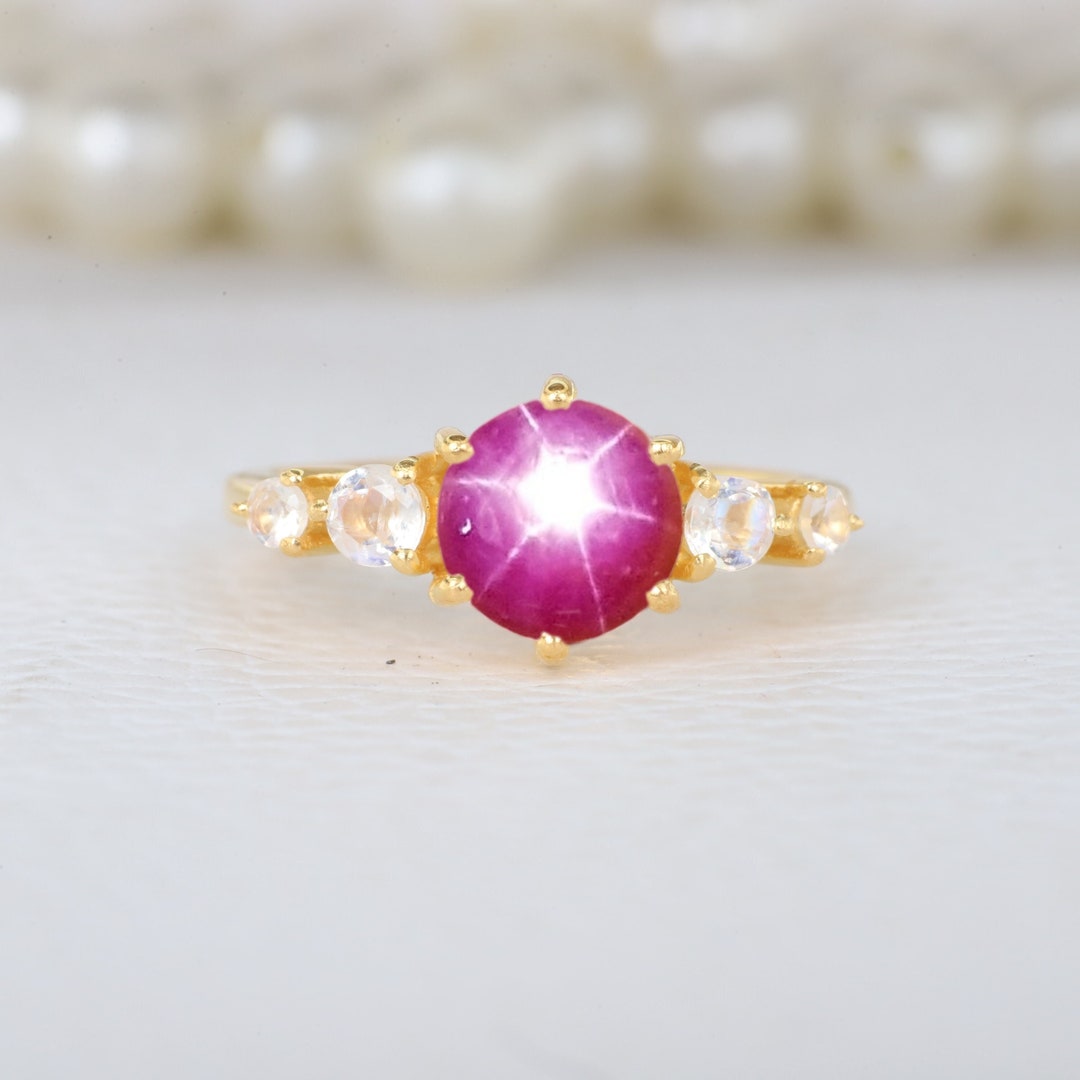 Elegant Star Ruby Wedding Ring Natural Moonstone Cluster Ring 14K ...