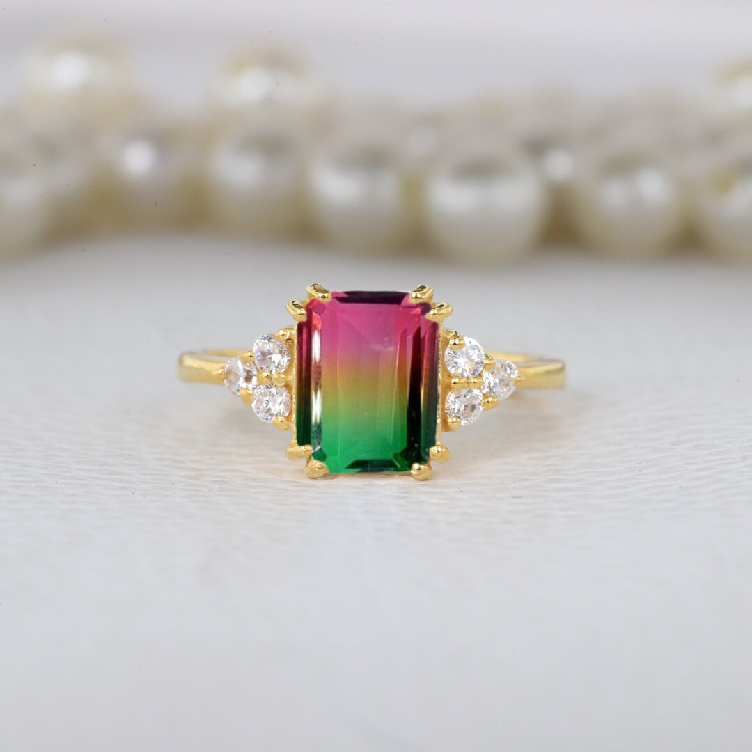 Watermelon Tourmaline Ring, Yellow Gold Plated Statement Jewelry Prong ...