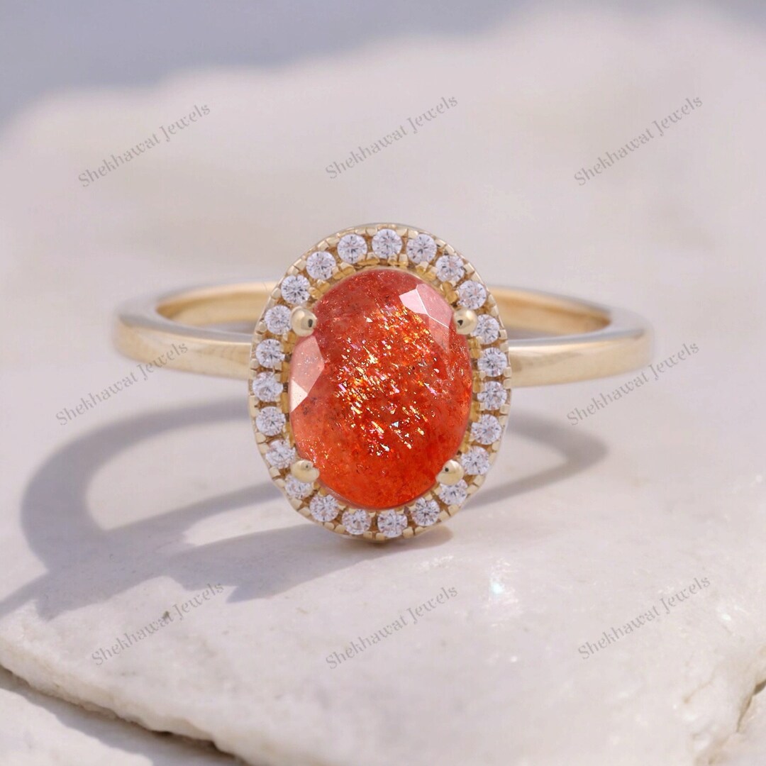 Oval Sunstone Engagement Ring 14K Yellow Gold Ring Women Handmade ...