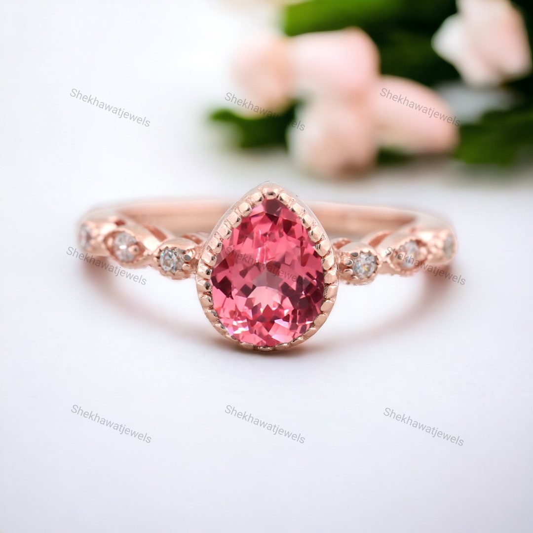 14k Solid Gold Ruby Ring Pear Shape Pink Ruby Wedding Ring for Women ...