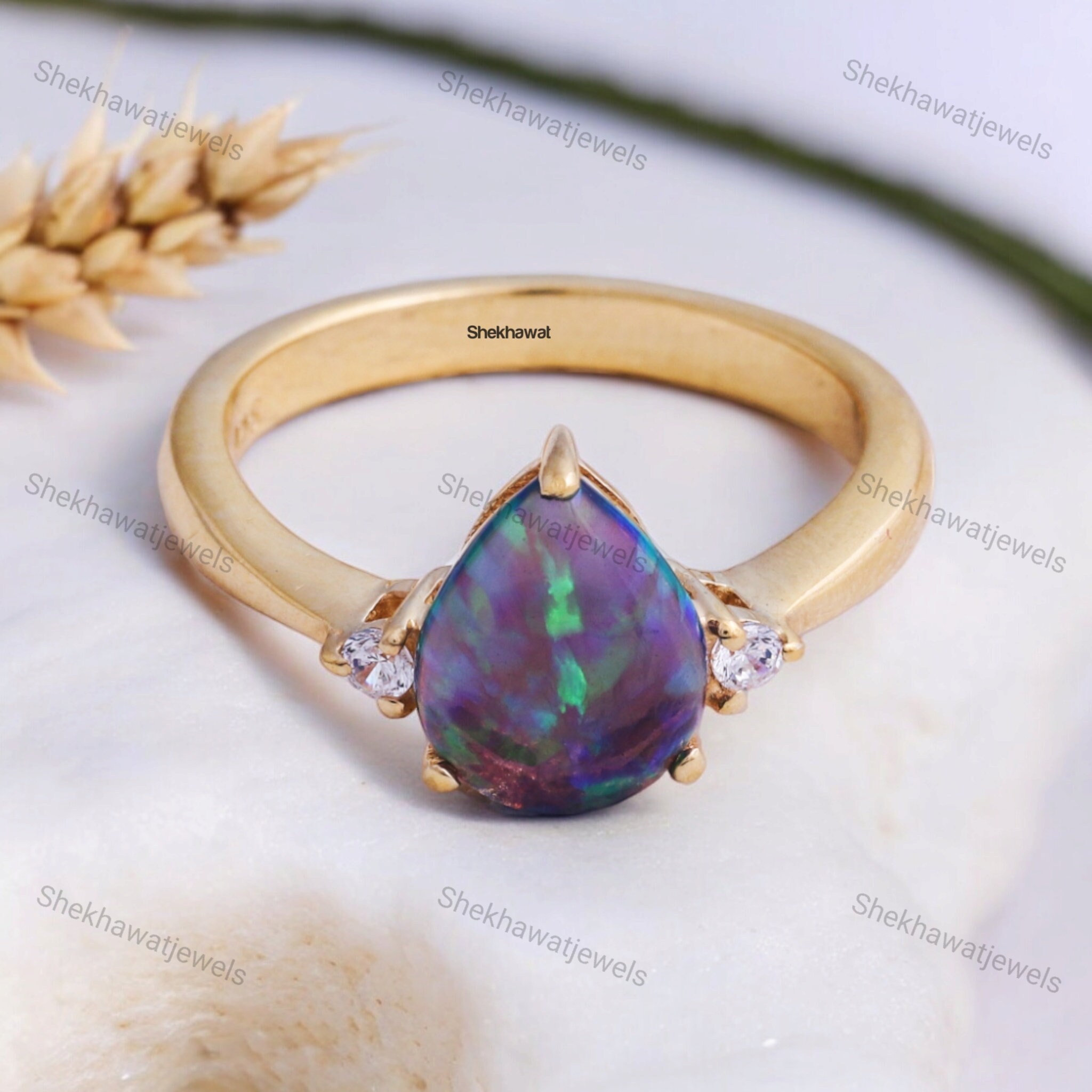 Pear Black Opal Wedding Ring October Birthstone Art Deco Handmade ...