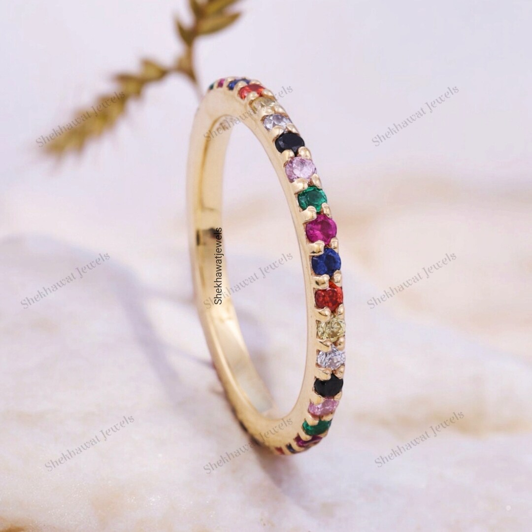 Rainbow Gemstone Eternity Band, Multi Gemstone Ring, 14k Gold Rainbow Wedding Ring, Precious ...