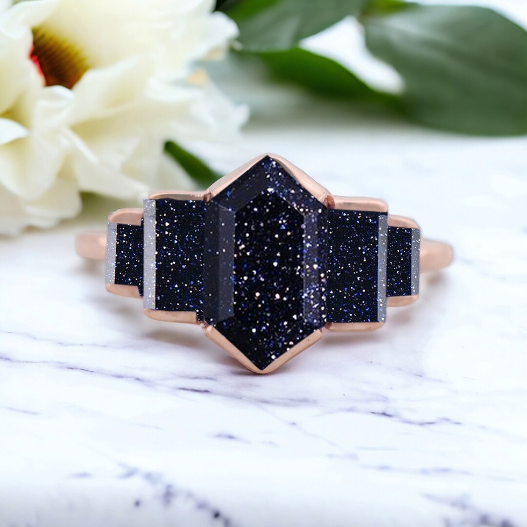 Hexagon Cut Blue Sandstone Ring Vintage Rose Gold Engagement Ring ...