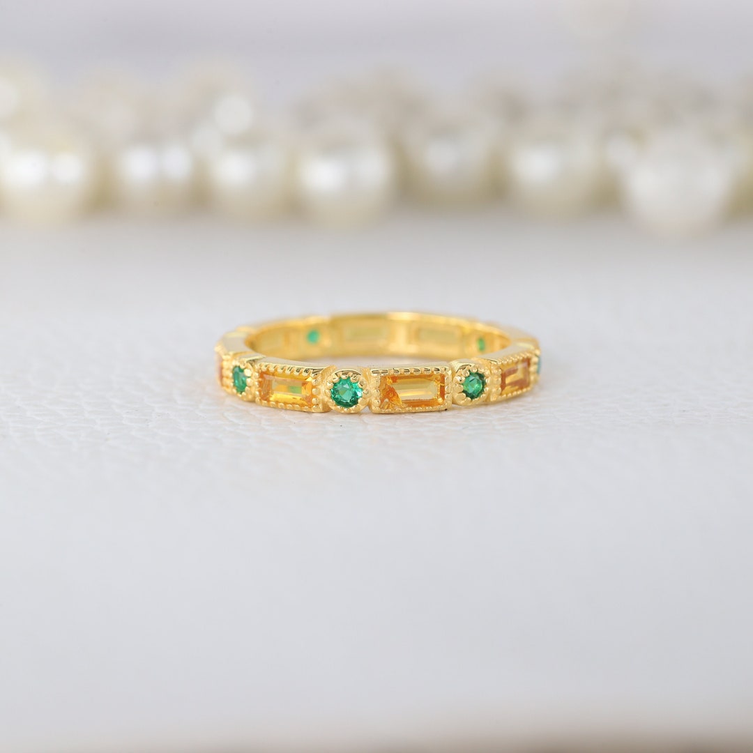 Citrine Emerald Wedding Band 14K Yellow Gold Band May Birthstone Gifts ...