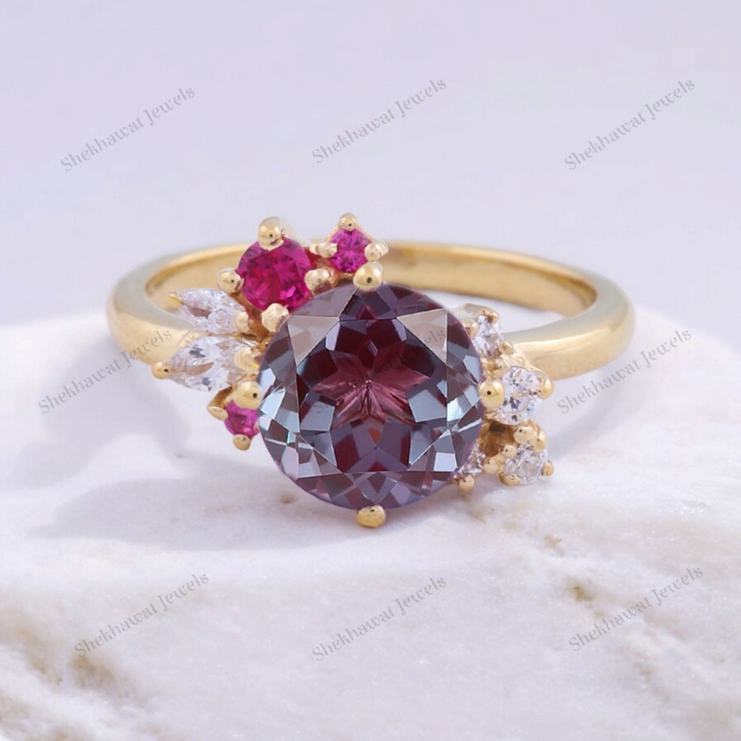 Unique Alexandrite Ruby Cluster Ring Diamond Engagement Ring 18K Rose ...