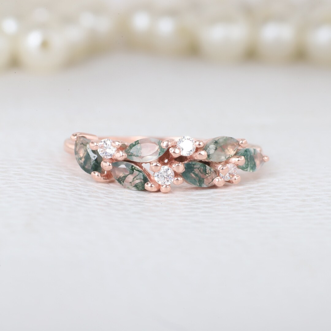 Leaf Design Natural Moss Agate Band Elegant Wedding Band - Etsy