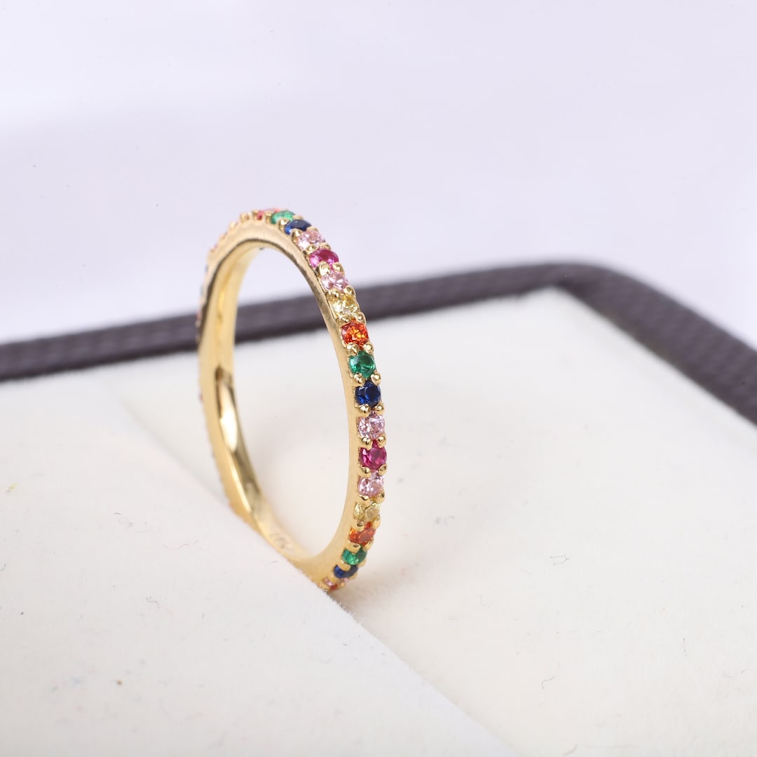 Rainbow Gemstone Eternity Band, Multi Gemstone Ring, 14k Gold Rainbow Wedding Ring, Precious ...