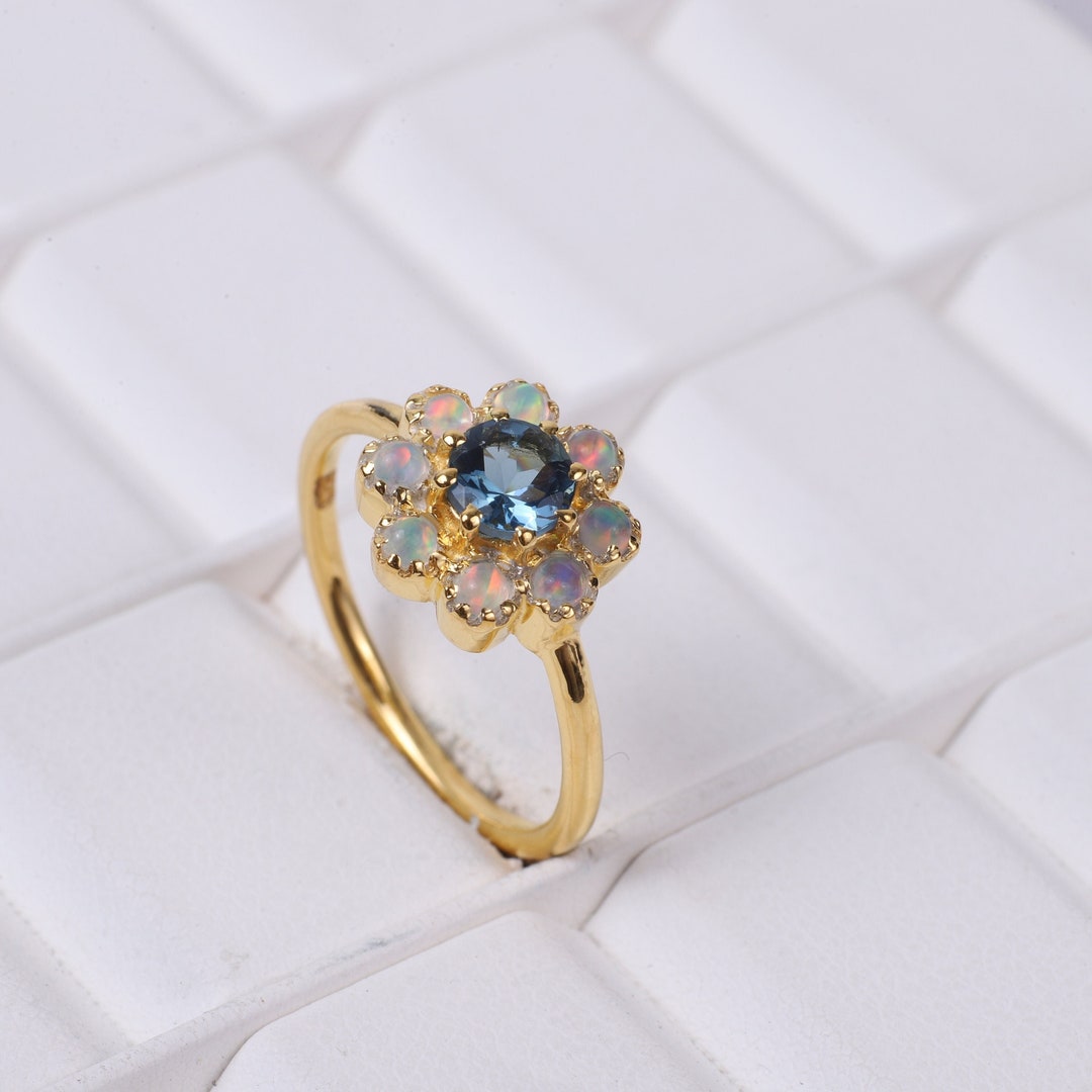 Blue Topaz Fire Opal Flower Ring 18K Yellow Gold Engagement Ring Nature ...