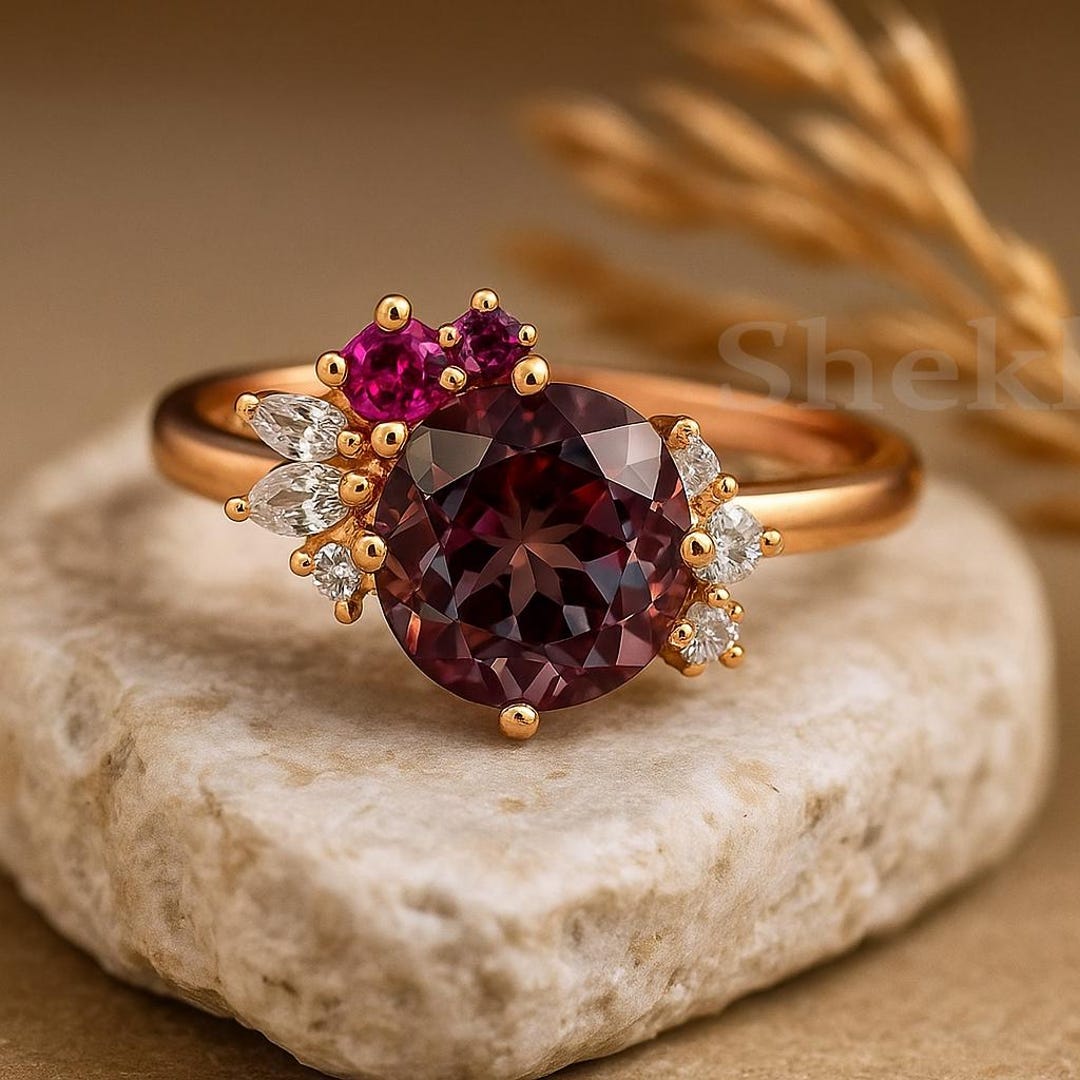 Unique Alexandrite Ruby Cluster Ring Diamond Engagement Ring 18K Rose ...