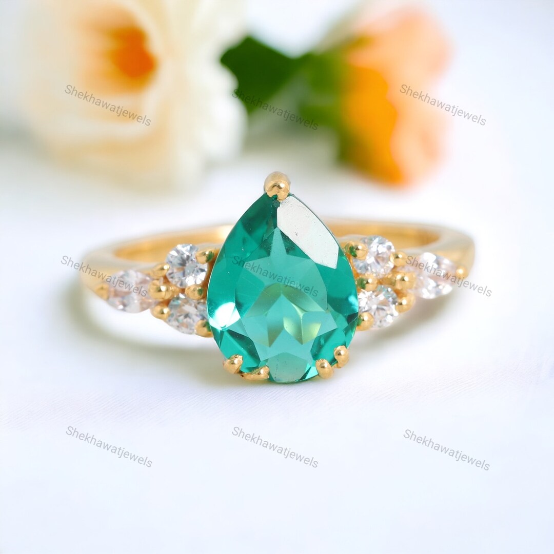 Vintage Neon Apatite Engagement Ring Solid Gold Pear Rings for Women ...