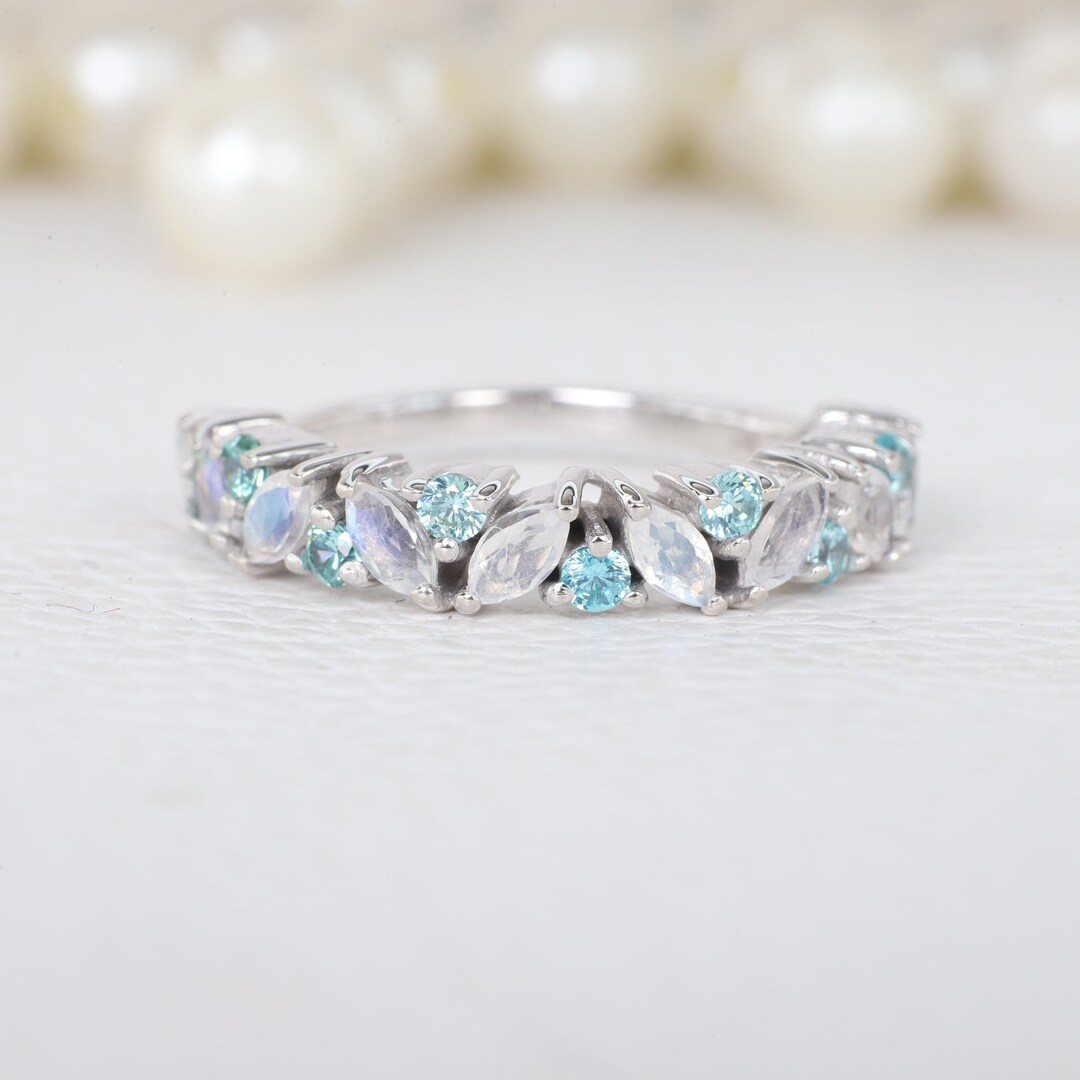 Delicate Moonstone Aquamarine Wedding Band, 18K Solid White Gold Bridal ...