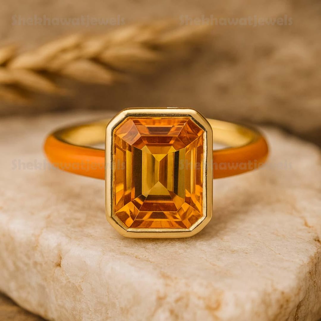 Orange Emerald Cut Enamel Ring | Gold Plated Statement Ring | Bold ...