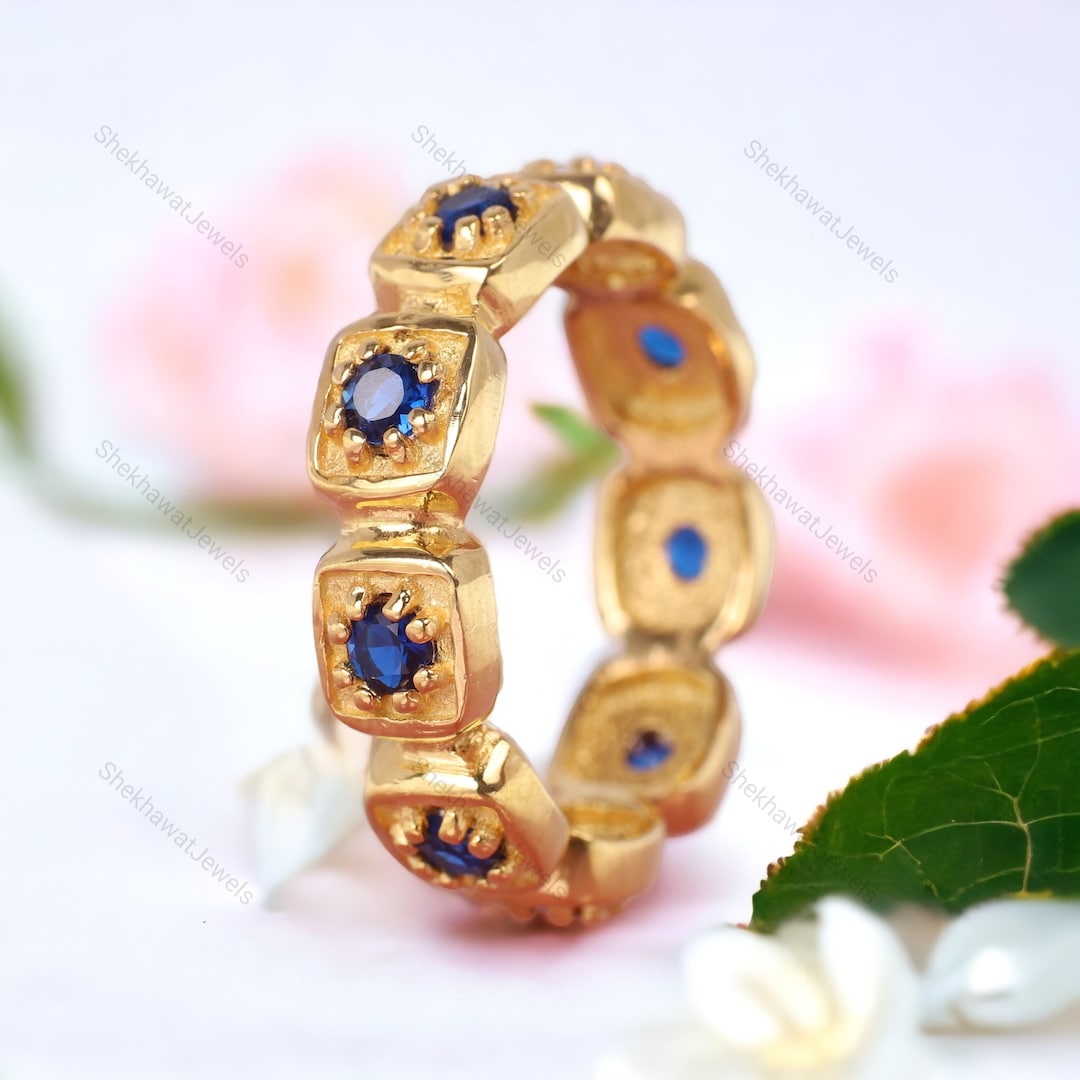 Vintage Sapphire Wedding Band Unique Art Deco Gold Band 18K Yellow Gold ...