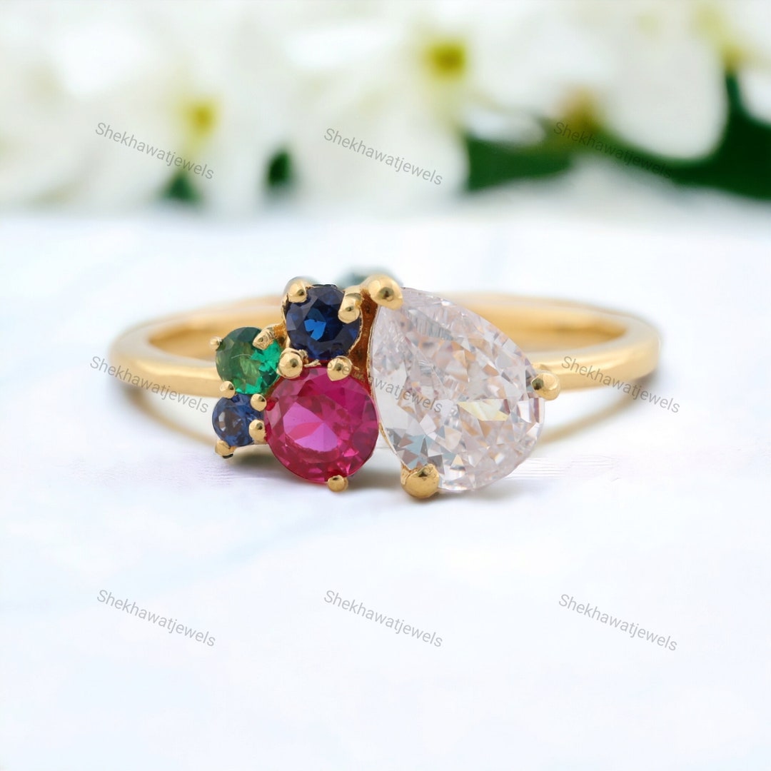 Pear Cut Moissanite Ring Unique Art Deco Multi Gemstone Engagement Ring ...
