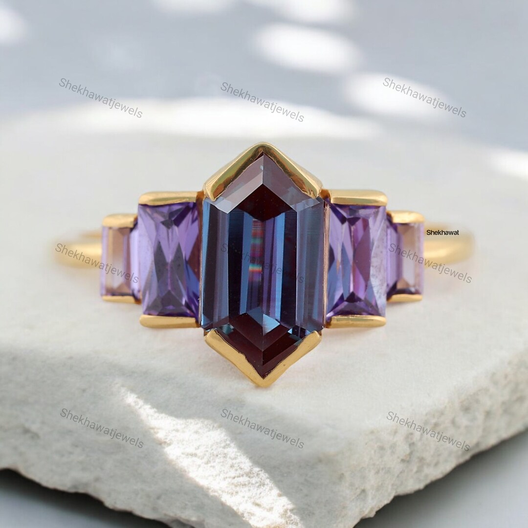 Hexagon Purple Alexandrite Ring Unique Rose Gold Engagement Ring ...