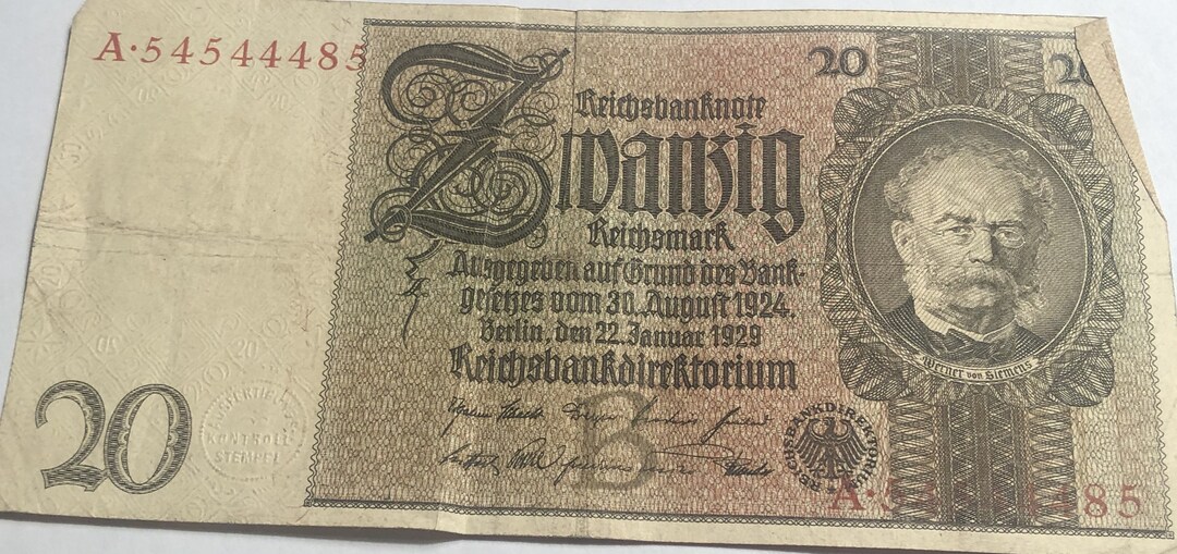 1929 Authentic RARE WWII Germany 20 Reichsmark 22 Jan BERLIN 93 Years ...