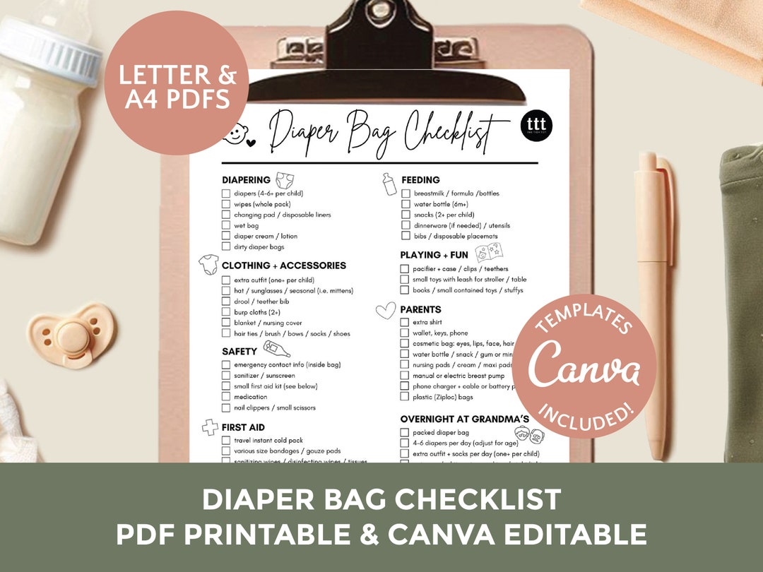 Diaper Bag Checklist | Printable PDF + Editable Canva Template | Letter ...