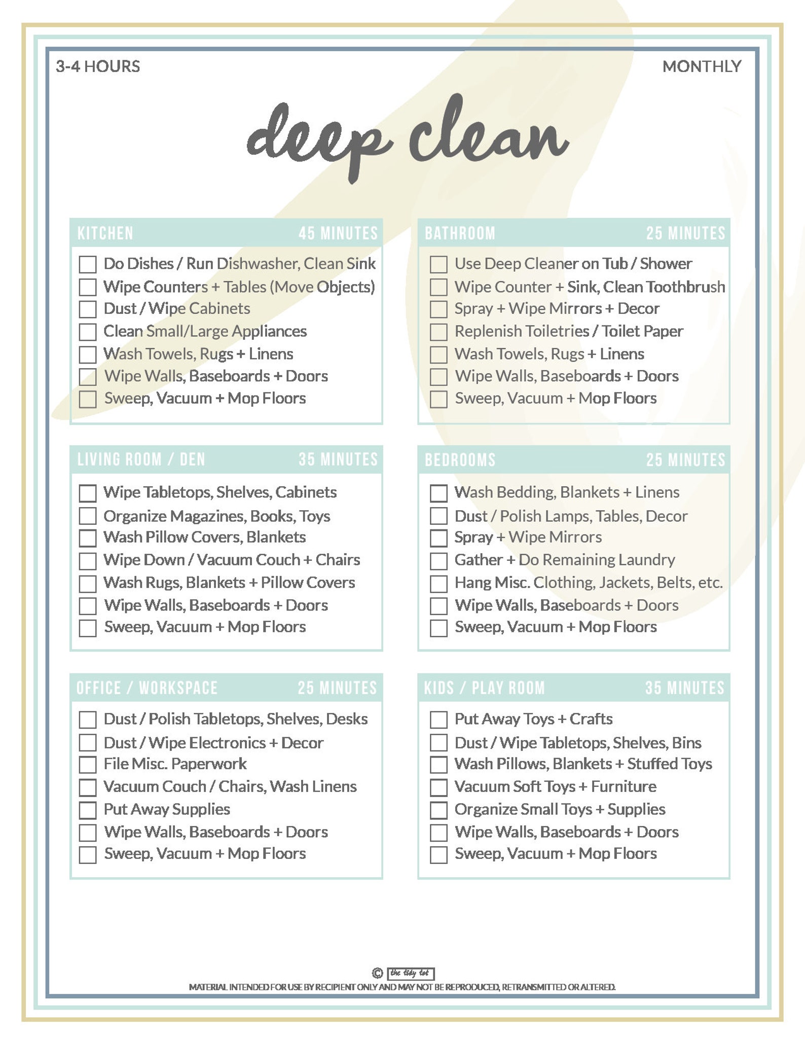 Deep Clean Checklist - Watercolor: Organize and Declutter Your Home ...
