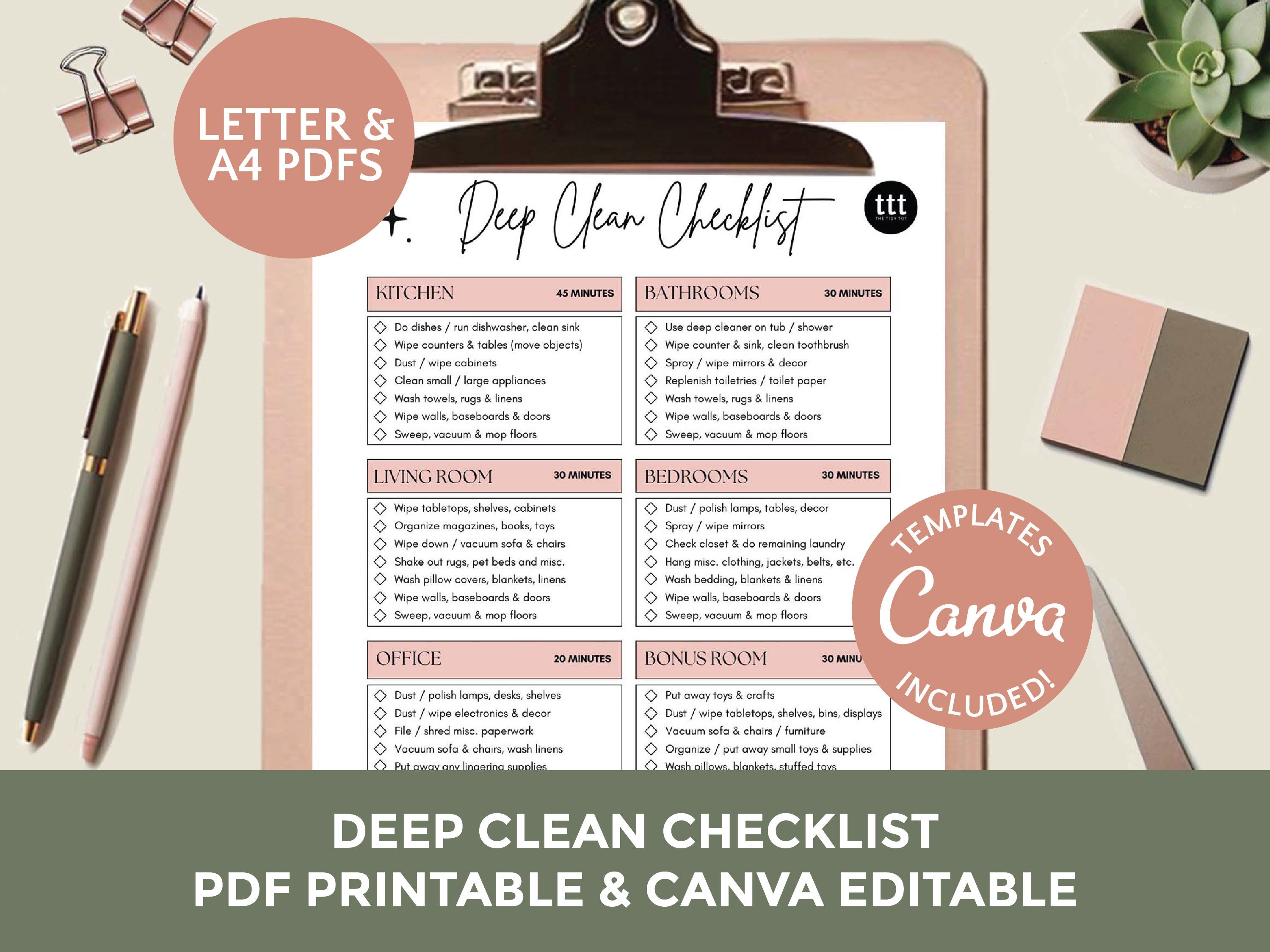 Deep Clean Checklist | Printable PDF + Editable Canva Template | Letter ...