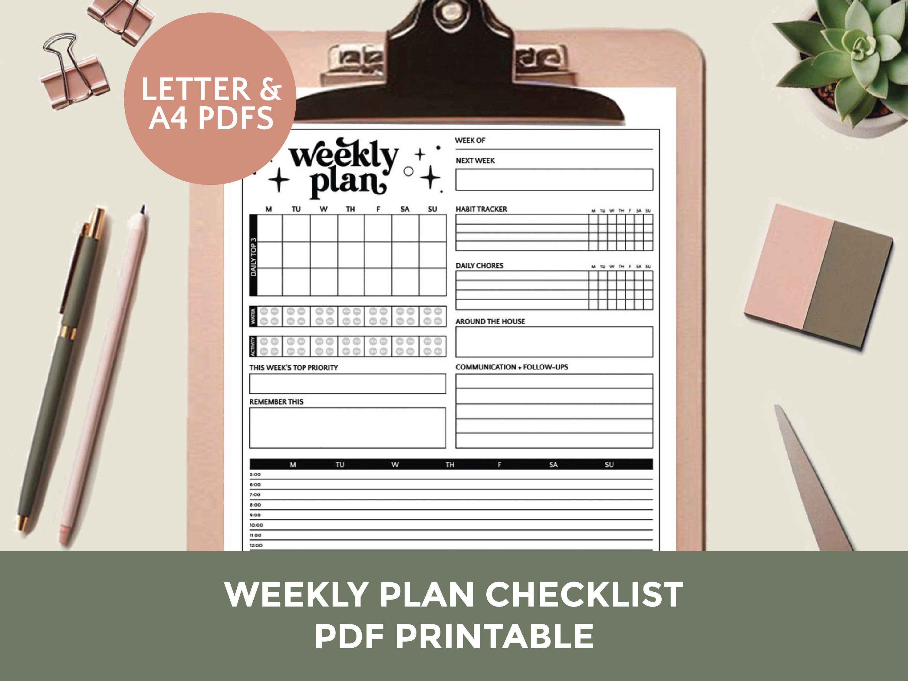 Weekly Plan Checklist | Printable PDF | Letter 8.5 X 11 + A4 | Organize ...
