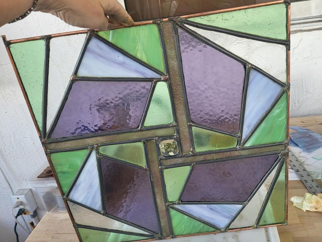 Geometric Stained Glass Panel 17 X 18 Greens and Purple - Etsy