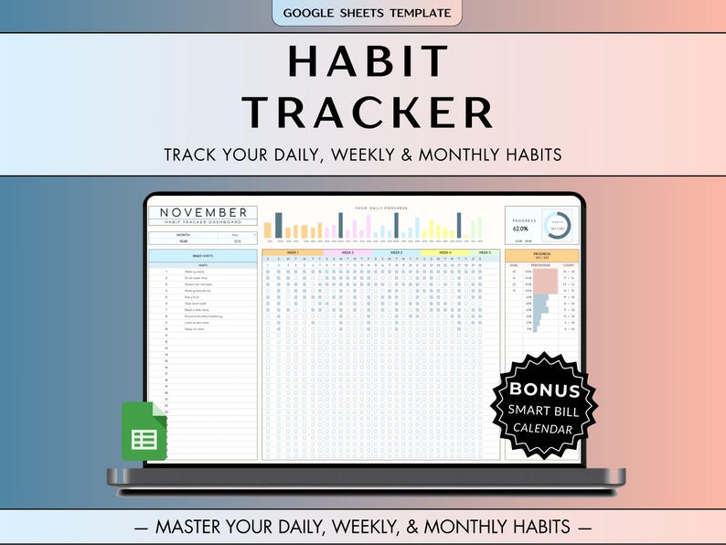 HABIT TRACKER GOOGLE Sheets: Daily Weekly Monthly Habit Planner, to Do ...