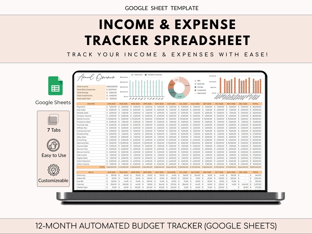 INCOME AND EXPENSE Tracker - Google Sheets Budget Template, Annual ...