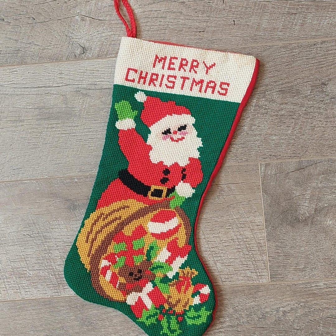 Vintage Needlepoint Santa & Presents Wool Velvet Backed Stocking ...