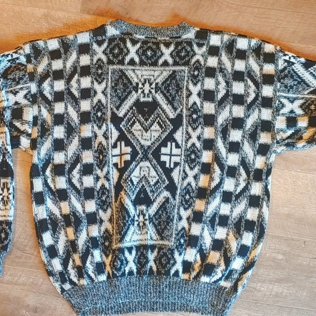 VTG 90's Geometric Intarsia Leather Trim Sweater Urban Works XL - Etsy