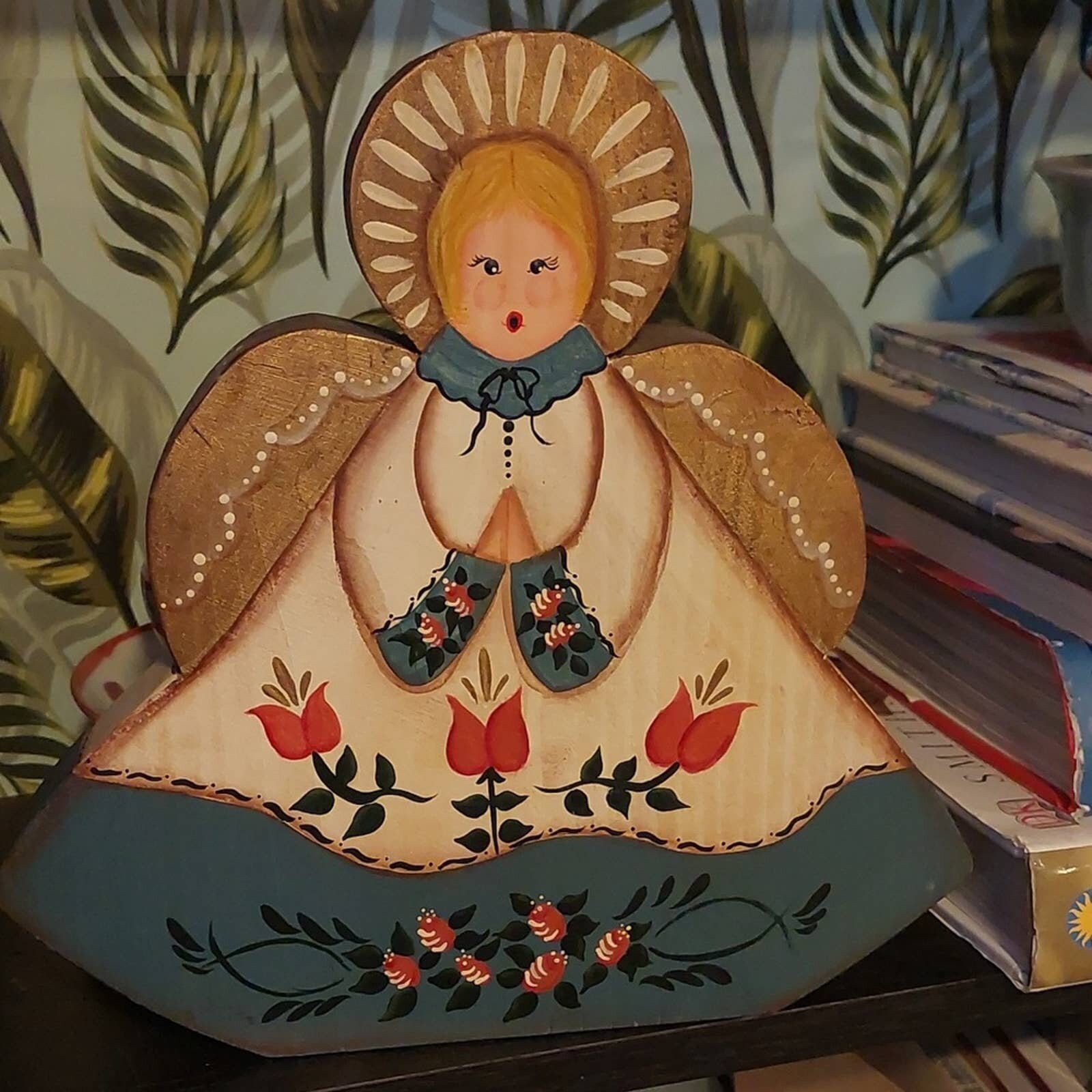 Wooden Hand Crafted & Tole Painted Primitive Praying Angel Rustic Folk ...