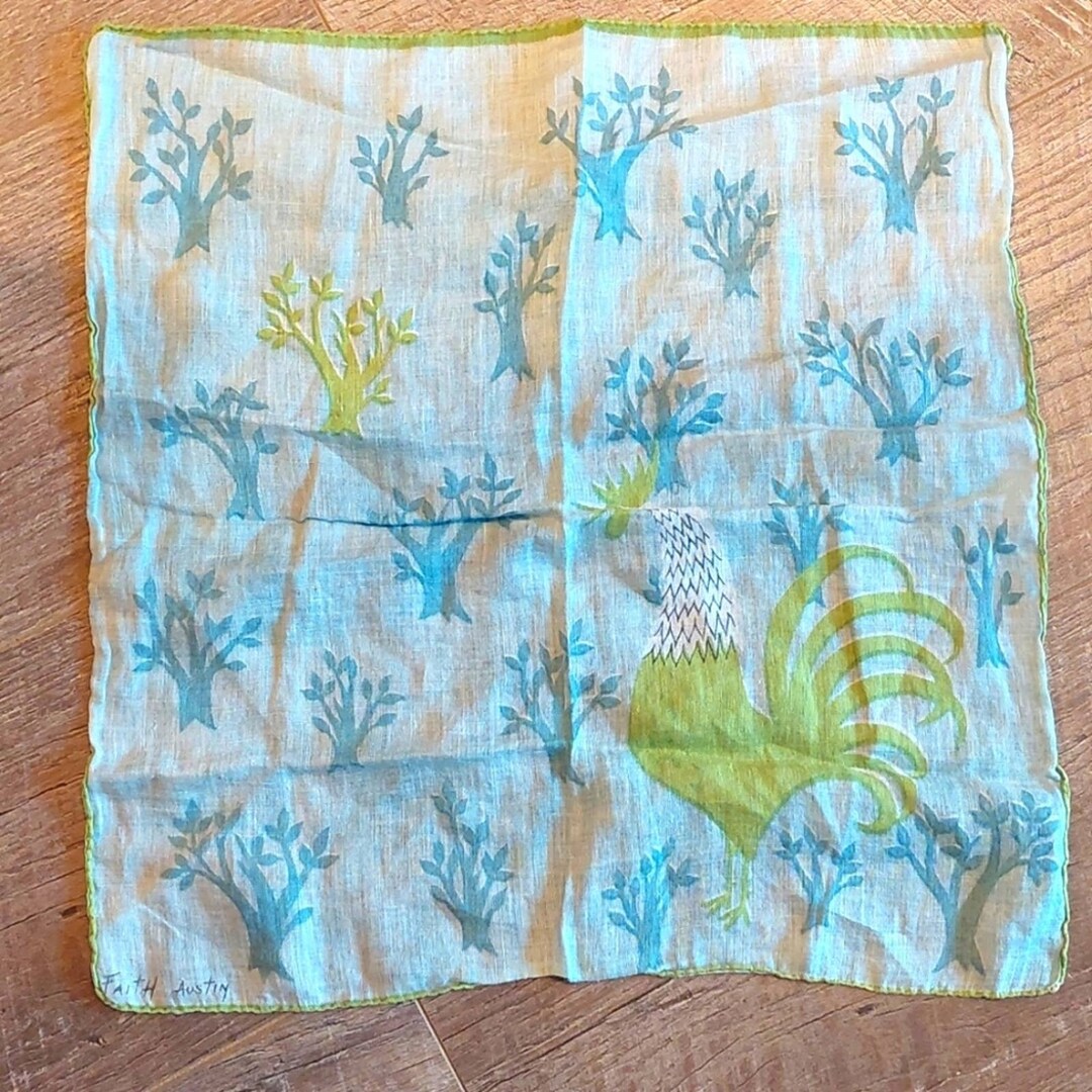 Vintage Faith Austin Rooster & Tree Print Linen Hand Rolled Hankie ...