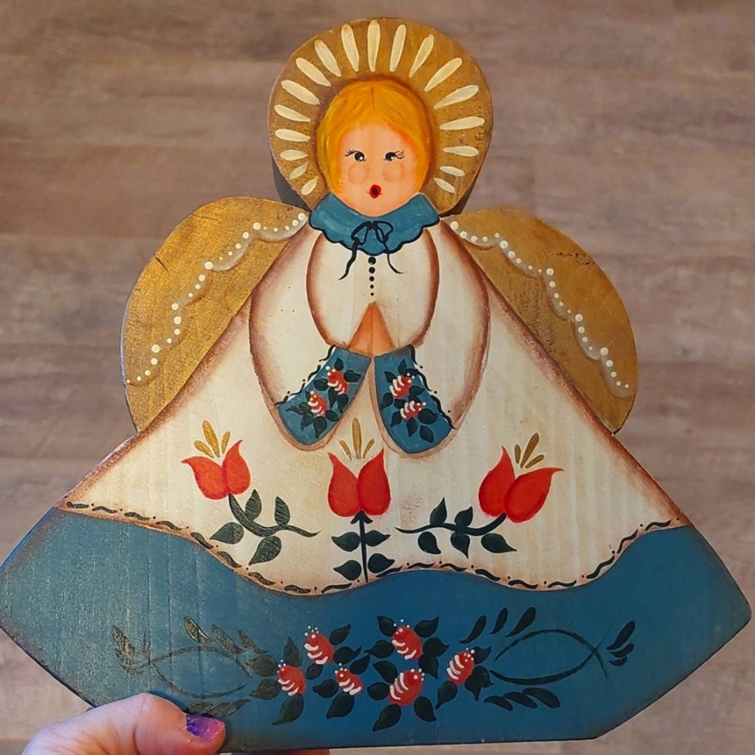 Wooden Hand Crafted & Tole Painted Primitive Praying Angel Rustic Folk ...
