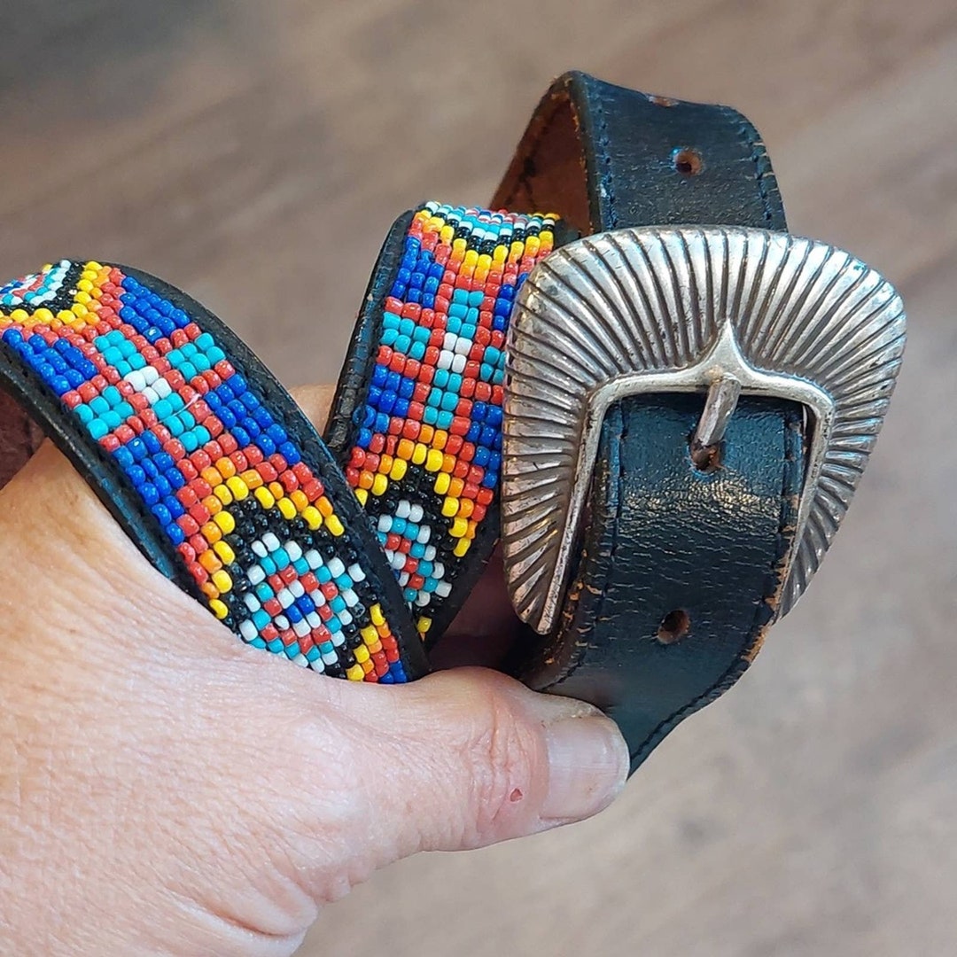 Vintage Beaded Western Belt 32 Leather Black Native American Boho - Etsy