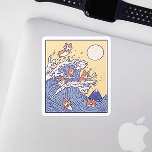 Corgi Wave Sticker | Japanese Art | Vinyl Sticker | Water Bottle ...