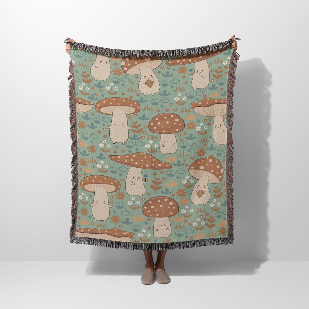Chibi Mushroom Woven Blanket | 100% Cotton Blanket | Woven Blanket ...