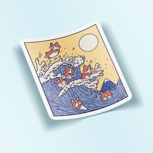 Corgi Wave Sticker | Japanese Art | Vinyl Sticker | Water Bottle ...