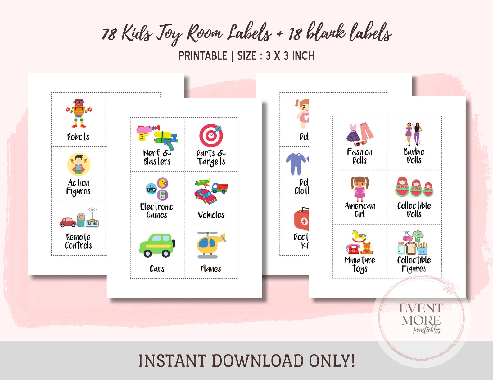 78 Kids Toy Room Storage Labels With Colorful Images + 18 Blank Labels ...